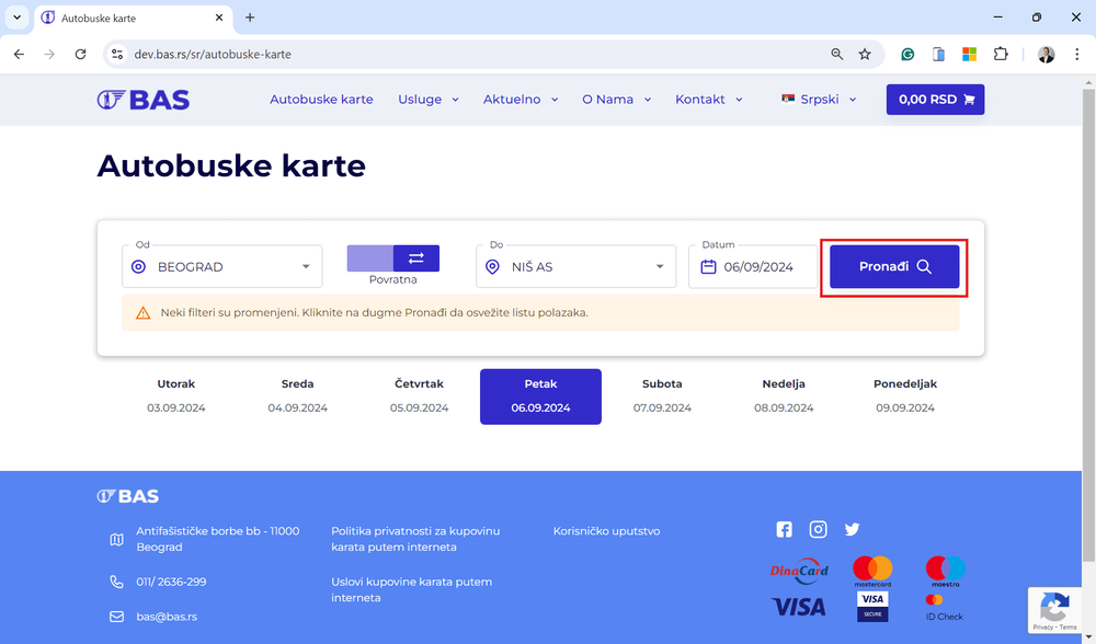 Sistem će prikazati dostupne polaske za traženi kriterijum pretrage: